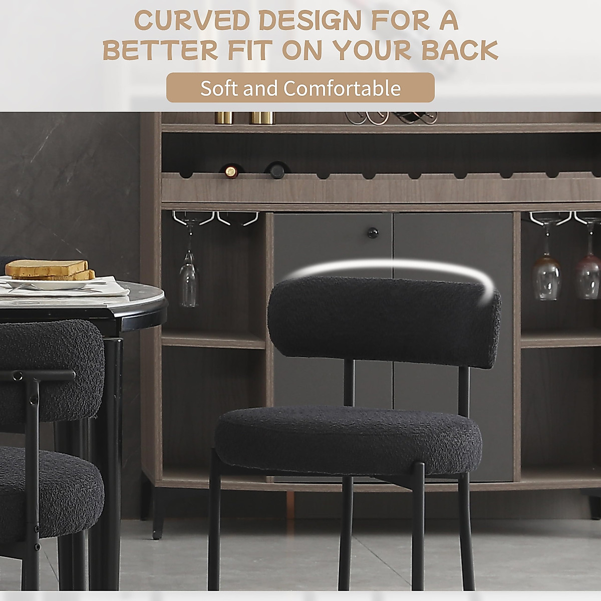 AISALL Black Dining Chairs Set of 2 Round Upholstered Boucle Dining Room Chairs Mid-Century Modern Kitchen Chairs Curved Backrest Chairs for Dining Room Black Metal Legs