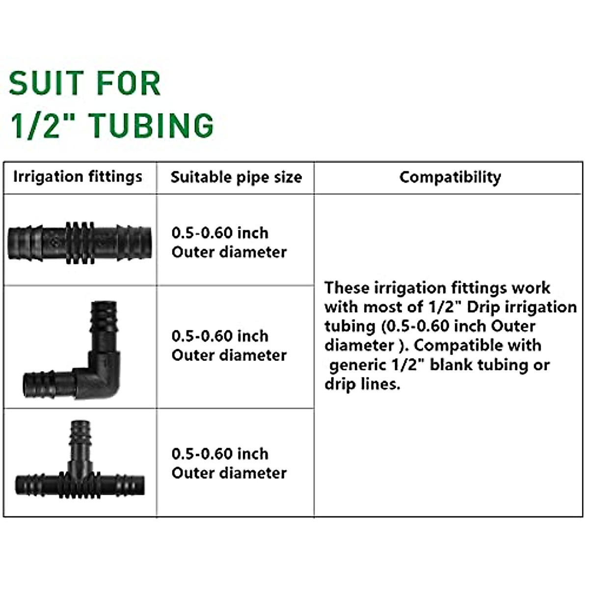 Leadrise 18 Pieces Drip Irrigation Fittings Kit 1/2" Tubing Set, 6 Tees, 6 Couplings, 6 Elbows Connectors for Rain Pipe and Sprinkler Systems