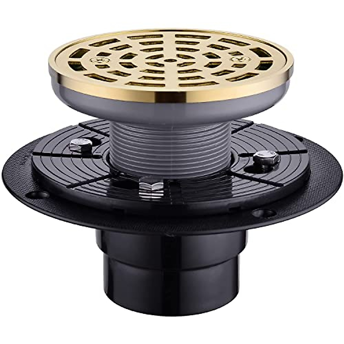 Round 4-1/4Inch Shower Drain, 304 Stainless Steel Brushed Gold Shower Floor Drain, Quadrato Pattern Grate Removable,Includes Drain Flange Kit