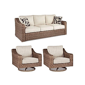 Signature Design by Ashley Beachcroft Outdoor Wicker Patio Sofa and 2 Swivel Chairs Set with Cushions and 2 Pillows, Beige