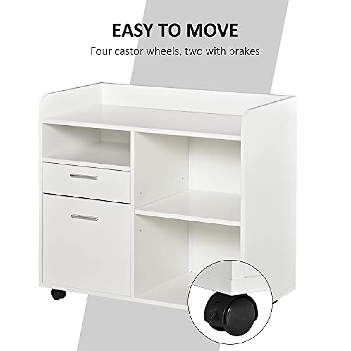 Vinsetto Filing Cabinet Printer Stand Mobile Lateral File Cabinet with 2 Drawers, 3 Open Storage Shelves for Home Office Organization, White