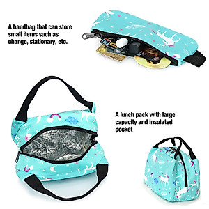 Dream Unicorn School Bag Kids 3-in-1 Bookbag Set, Junlion Laptop Backpack Lunch Bag Pencil Case Gift for Teen Girls Womens Green