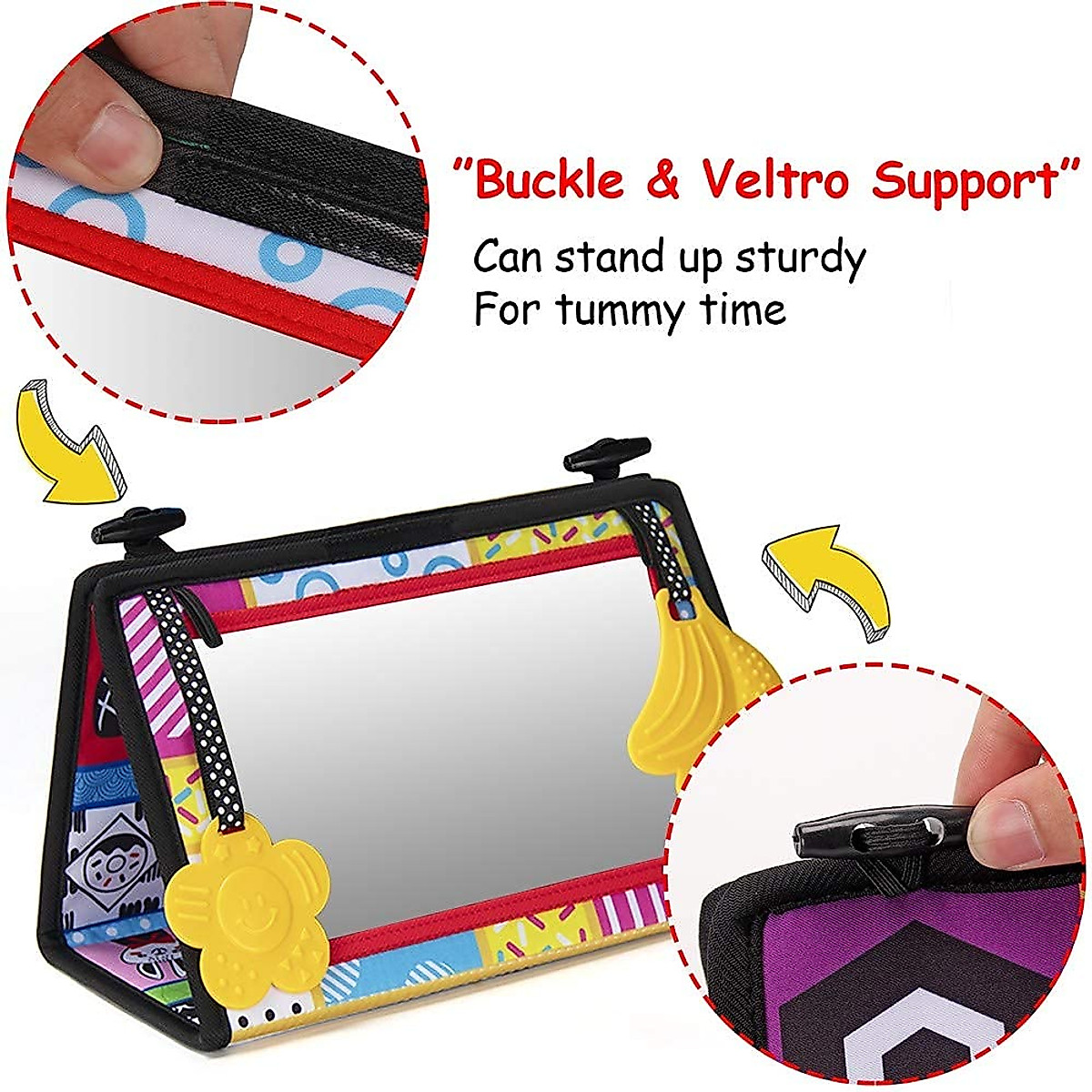 beetoy Baby Tummy Time Mirror Black and White High Contrast Mirror Toys with 10 Flash Cards 2 Teether, Developmental Timmy Time Toys for Newborn Infant 0 3 6 Months Gift