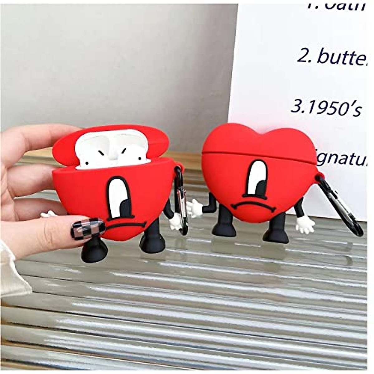 Bad& Bunny Merch,Case for AirPods 1&2, un Verano sin ti Cartoon Cute Design Soft Protective Cover with Keychain Compatible with AirPods 1st and 2nd for Women and Man (Red Heart)