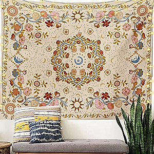 TTYQXZ Wall Tapestry Bohemian - Floral Vine Wall Hanging Celestial Sun Moon and Star Tapestries Hippie Home Decor Boho Tapestry for Bedroom Aesthetic (Cream, Medium (50ʺx 60ʺ))