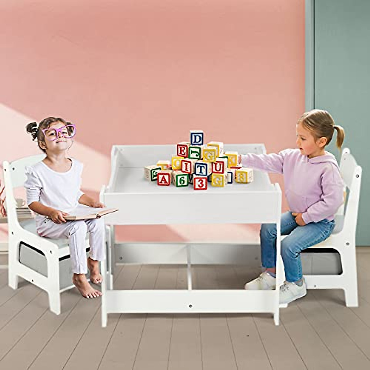 Kinder King Kids Wood Table & 2 Chairs Set, 3 in 1 Children Activity Table w/Storage, Removable Tabletop, Blackboard, 3-Piece Toddler Furniture Set for Art, Crafts, Drawing, Reading, Playroom, Grey