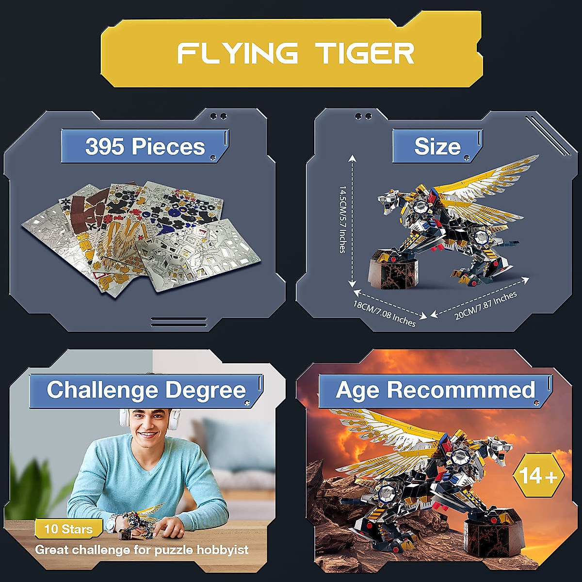 Microworld 3D Metal Puzzle, Mechanical Flying Tiger Metal Model Kits, DIY Brain Teaser Challenge 3D Puzzles for Adults, Art Craft Home Decor Gift for Teens