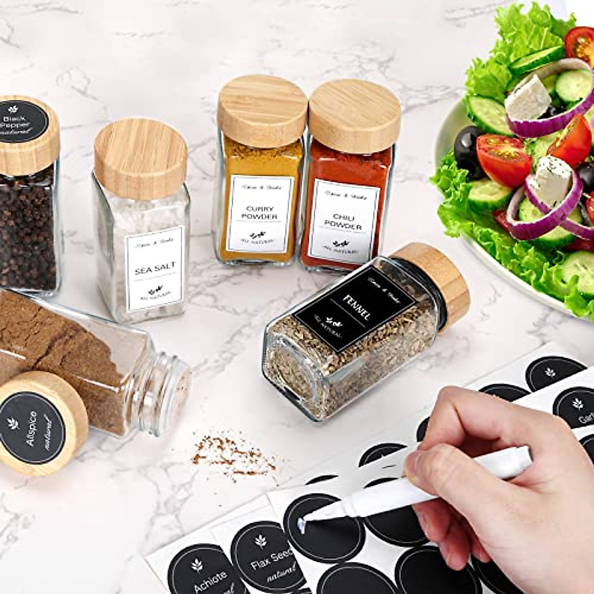 CUCUMI 25pcs Spice Jars with Labels 4oz Glass Spice Bottles with Bamboo Lids, Silicone Collapsible Funnel, Test Tube Brush and Chalk Marker, Seasoning Containers for Spice Rack, Cabinet and Drawer