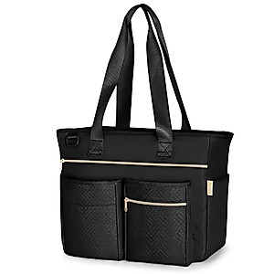 Fasrom Teacher Tote Bag for Work Women, Large Teacher Utility Bag with Padded Sleeve for up to 14 Inches Laptop and Teacher Supplies, Black (Patent Design)