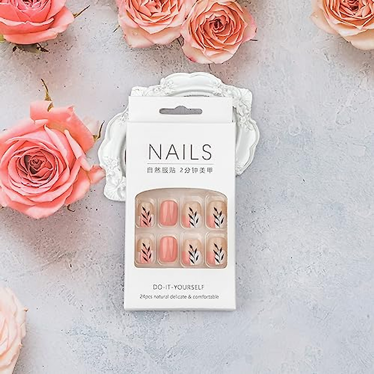 24 Pcs Pink Short Press on Nails Square Fake Nails Summer Leaf Designs Glossy Glue on Nails with Design Full Cover False Nails White Artificial Acrylic Nails Stick on Nails for Women DIY Manicure