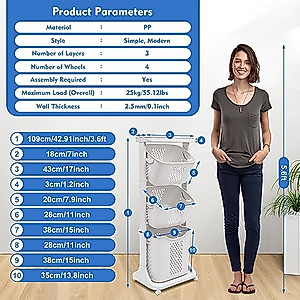 DNYSYSJ 3 Layer Storage Basket Movable Household Laundry Basket,Floor-Standing 360° Rolling Large Multi-layerClothes Organizer for Kitchen,living Room and Bathroom (3 Layer),White,16.92*12.99*42.91''