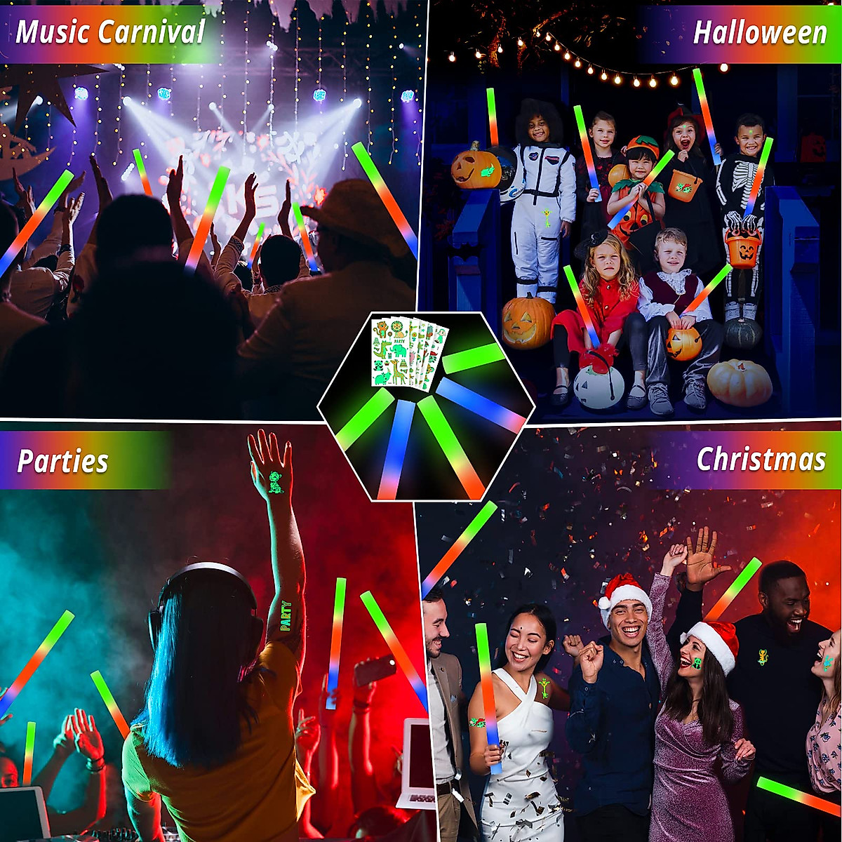 JDNRXO 28 PCS Glow Sticks Bulk, LED Light Up Foam Sticks Party Favors with 3 Flashing Modes, Glow in The Dark Party Supplies for Halloween, Wedding, Birthday, Carnival - Extra 5 Glowing Stickers