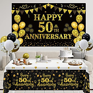 DARUNAXY 50th Wedding Anniversary Decorations, Large Happy 50th Anniversary Banner 70 x 43inch, 50PCS Black Gold Confetti Balloons, 2PCS Tablecloths for Cheer to 50 Year Party Supplies for Men Women
