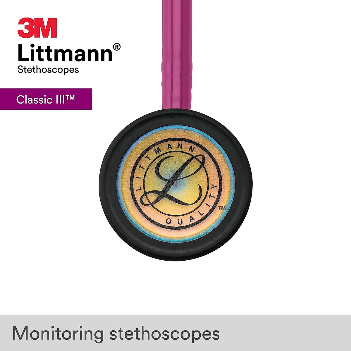 3M 5806 Littmann Classic III Rainbow-Finish Monitoring Stethoscope with Black Identification Tag, 27" Raspberry Tube