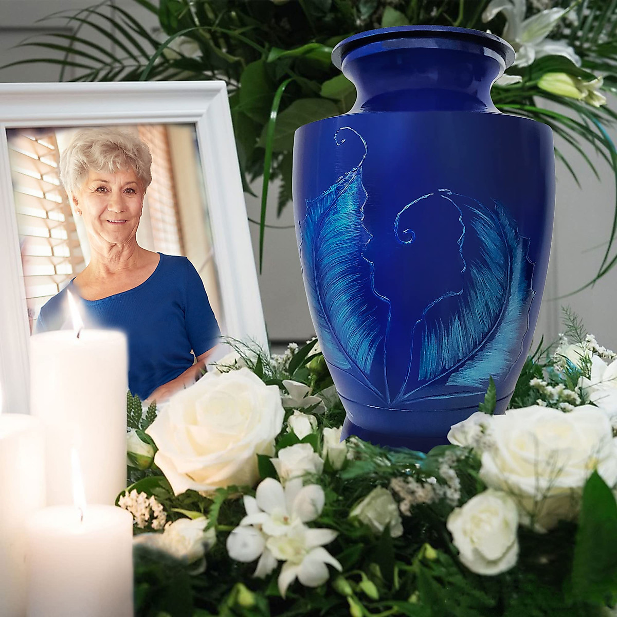 Blue Feather Cremation Urn for Human Ashes, Urns for Adult Ashes, Funeral & Burial Urns for Adult Male and Female, Large Size up to 220 Lbs