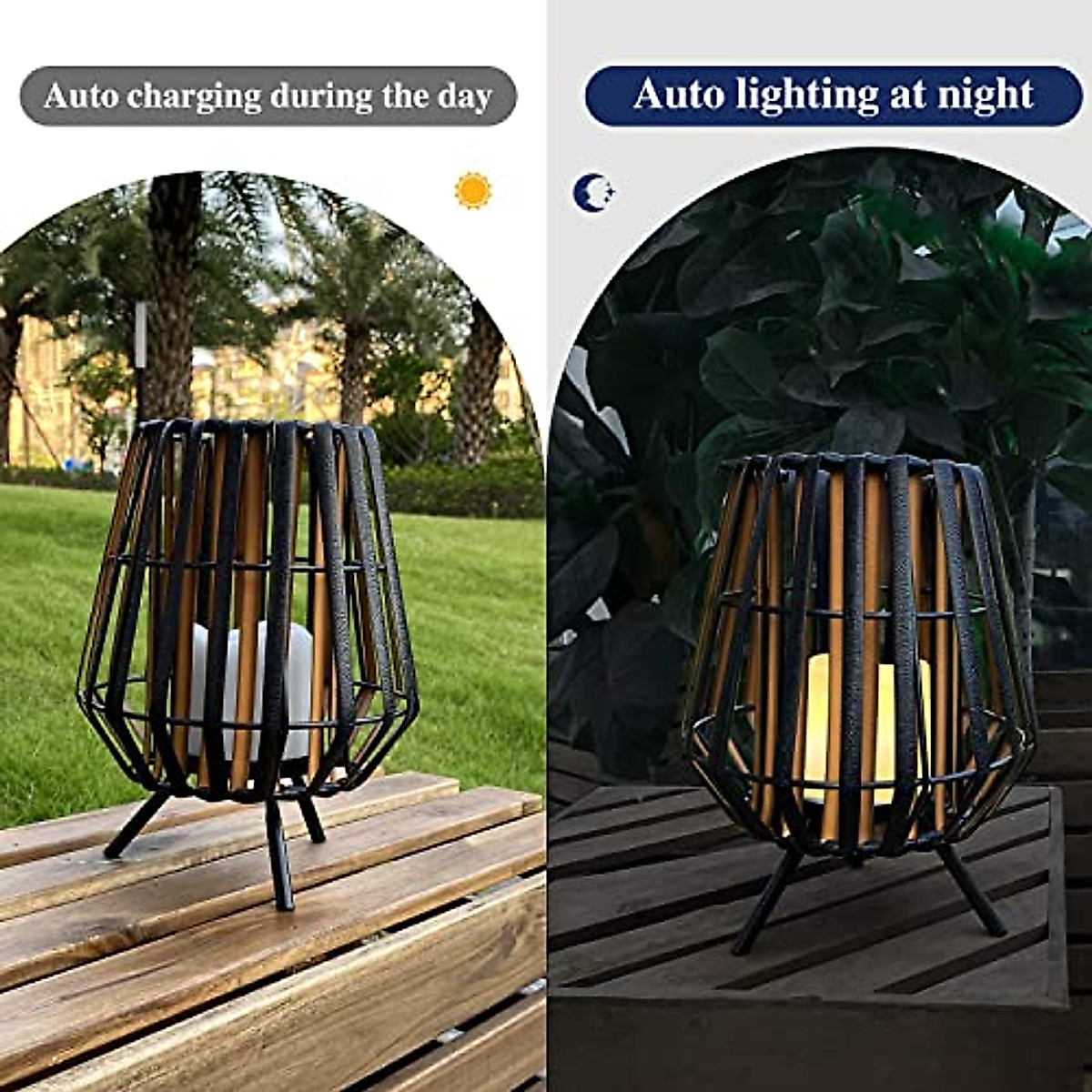 Solar Lantern Outdoor Waterproof with Flickering Flame, Candle Decorative Lights Solar Rattan Lanterns for Patio Garden Pathway Yard Desk