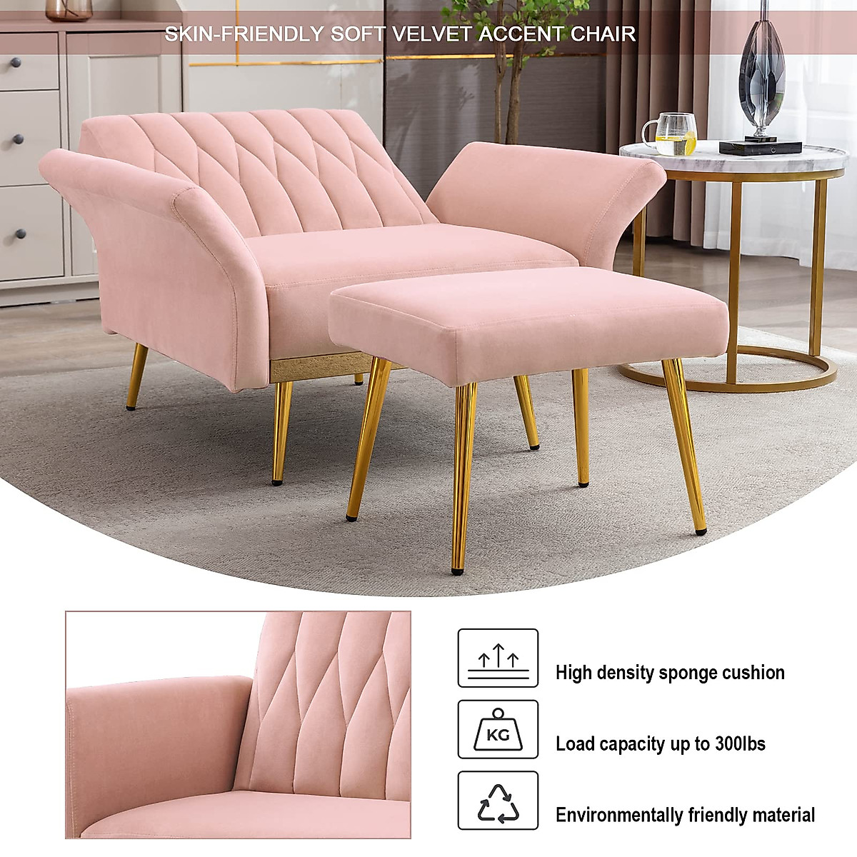 Modern Velvet Single Sofa Chair with Ottoman, Accent Living Room Chairs with Adjustable Armrests, Upholstered Tufted Lounge Chair for Home, Bedroom, Office (Pink)