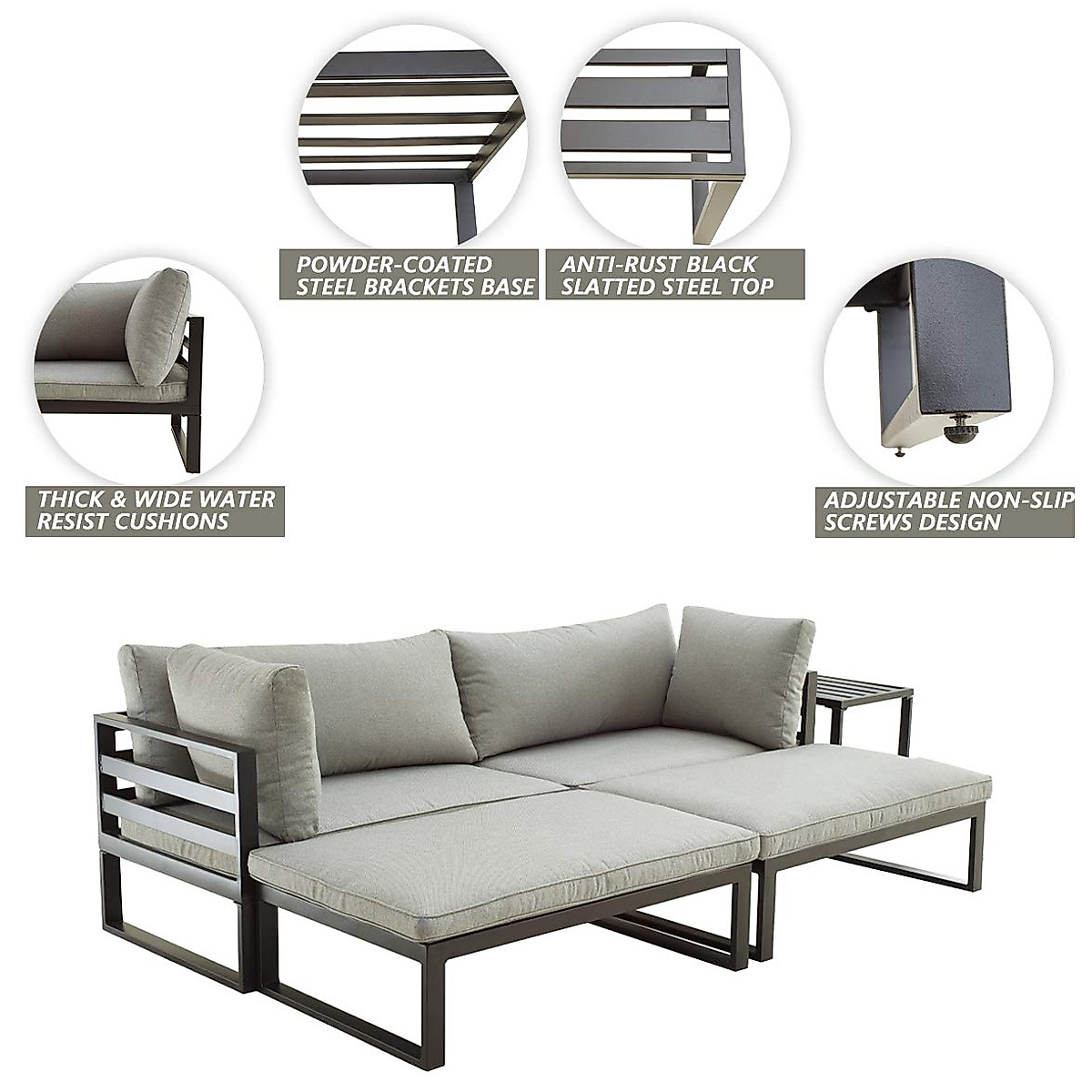 Festival Depot 5 Pieces Patio Furniture Outdoor Conversation Set Metal Corner Sectional Sofa Couch Patio Armrest Chair Cushioned Lounger Dining Coffee Side Table with Ottomans