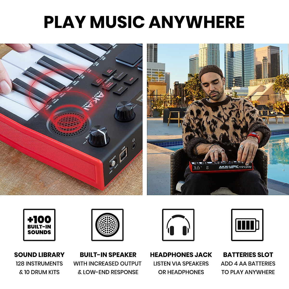 AKAI Professional MPK Mini Play MK3 - MIDI Keyboard Controller with Built in Speaker and Sounds Plus Dynamic Keybed, MPC Pads and Software Suite
