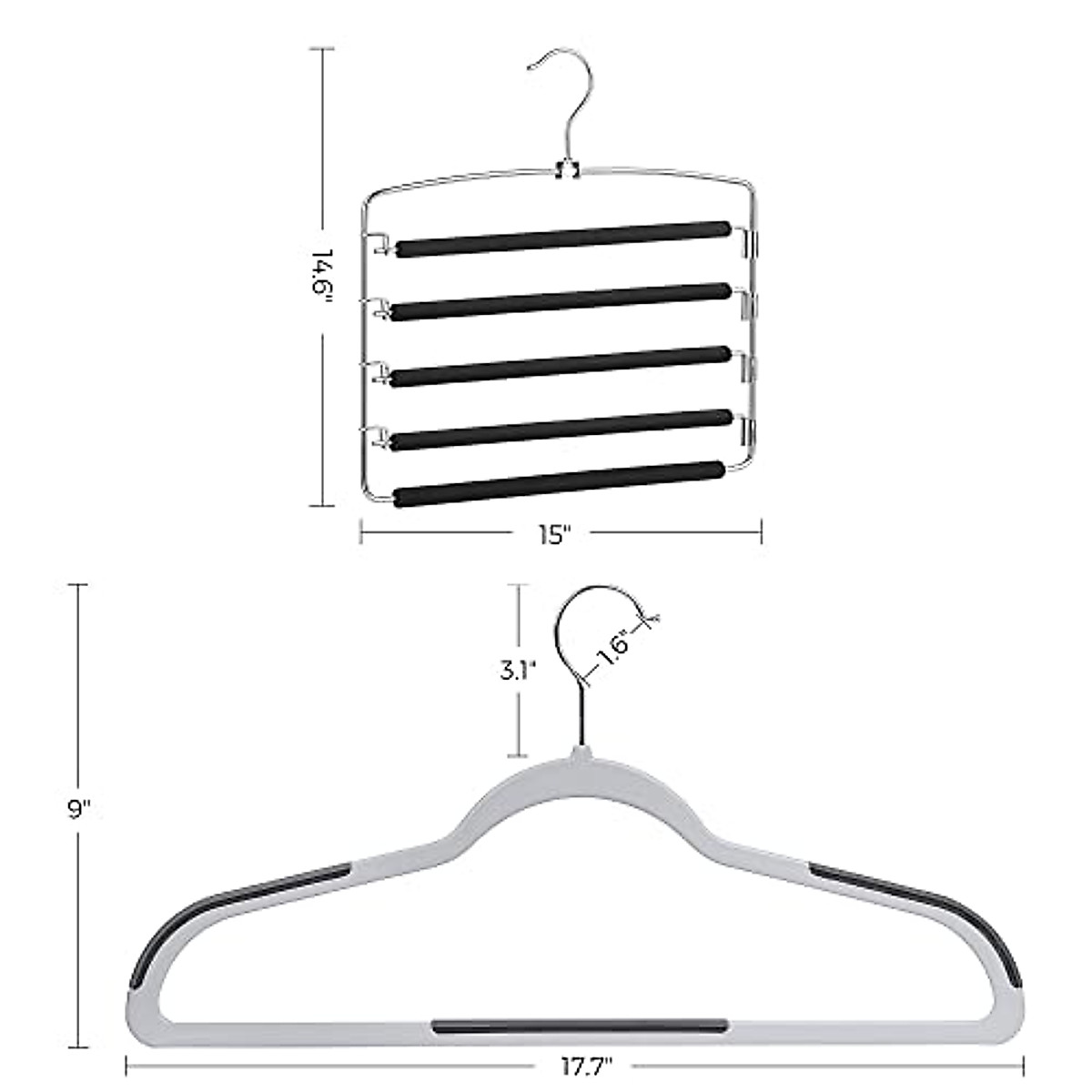 SONGMICS 50-Pack Coat Hangers and 3-Pack Jeans Hanger Bundle, Plastic and Metal Hangers, Swing Arm, Non-Slip, Light and Dark Gray, Black UCRF50G and UCRI041BK