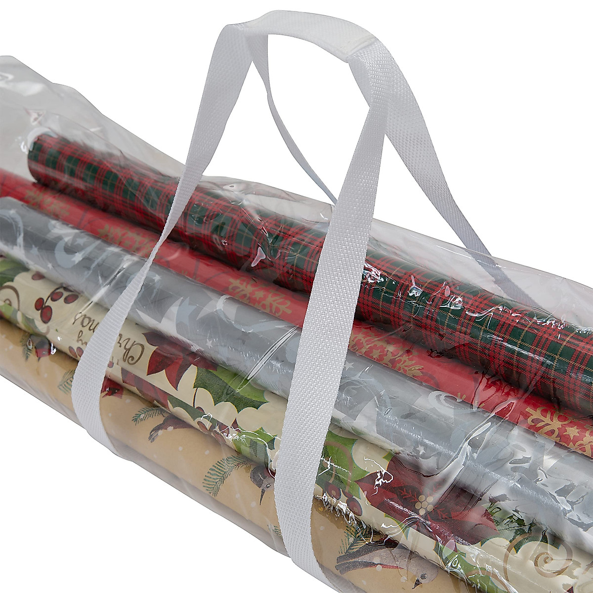 Simplify Clear Gift Wrap Storage Bag | Holds 30" Long Wrapping Paper Rolls | Clear | Zipper Closure | Easy Storage | Holiday Storage | Easy Carry Hangers