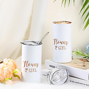 Flower Girl Proposal Gifts Flower Girl Tumblers with Straws Be My Flower Girl Card with Envelope Canvas Makeup Bag Sunglasses Hair Scrunchies Diamond Pen for Wedding Bridal Shower (White, 16 Pcs)