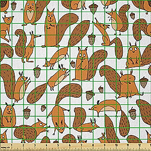 Lunarable Squirrel Fabric by The Yard, Funny Squirrel Family Playing with Nuts Continuous Pattern Print, Microfiber Fabric for Arts and Crafts Textiles & Decor, 1 Yard, Dark Orange
