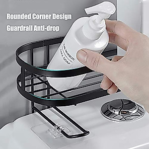 KEWKASKY Bathroom Toilet Storage Over Toilet Shelf Self Adhesive Over Toilet Storage Shelf No Drilling Waterproof Rustproof Bathroom Organizer Wall Mounted Bathroom Shelves with 3 Hooks (Black)