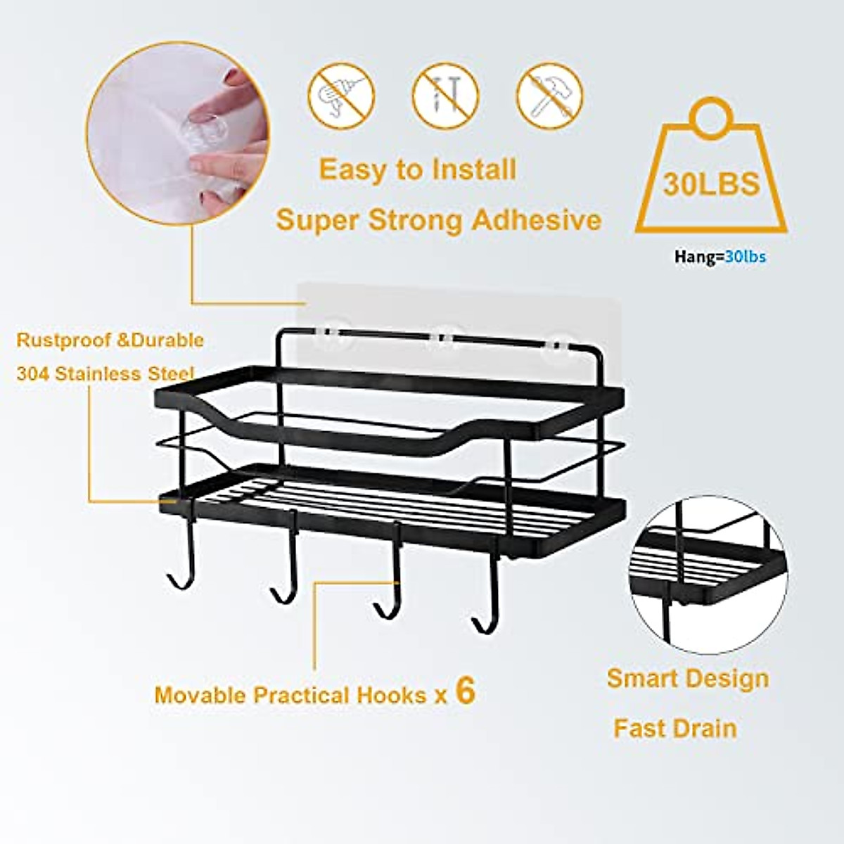 Shower Shelf Inside Shower Shower, Stylish Adhesive Shower Organizer Caddy Hanging +6 Movable Hooks, Stainless Steel No Drilling -Black, 2 Pack