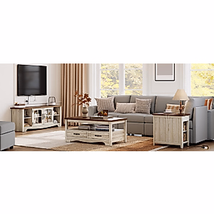 LINSY HOME Living Room Table Sets 4 Piece with TV Stand, Farmhouse TV Stand for 65 Inch TV, Coffee Table with Drawers, Two End Table with Charging Station, Washed Gray
