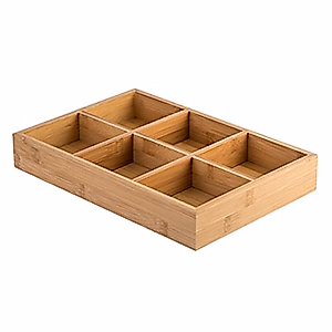 Cabilock Divided Bamboo Tray with 6 Dining Grids Food Serving Plate Fruit Box Dish Vegetable Containers Dessert Storage Bin Organizing for Home Restaurant Hotel