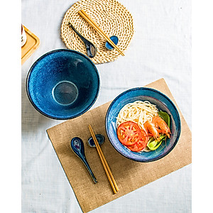 Large Salad Soup Ramen Serving Bowls, 71 OZ Ceramic Japanese Ramen Noodle Bowl with Chopsticks, Spoons and Rests - Super Big Bowl Sets for Udon, Pho, Pasta, Cereal, Set of 2 - Reactive Blue