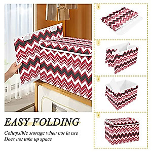 CaTaKu Red Christmas Wave Storage Bins with Lids and Handles, Fabric Large Storage Container Cube Basket with Lid Decorative Storage Boxes for Organizing Clothes