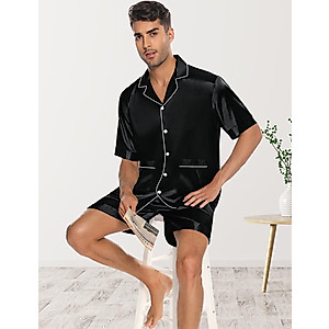 SWOMOG Mens Silk Pajama Set 2 Pieces Short Sleeve Soft Satin Sleepwear Button Down Pj Black Medium