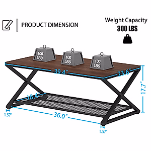 LVB Walnut Coffee Table with Storage, Metal Wood Rectangle Living Room Table, Industrial 2 Tier Center Table with Mesh Shelf, Vintage Wooden Middle Concrete Tables for Office Bedroom, 39 inch, Walnut