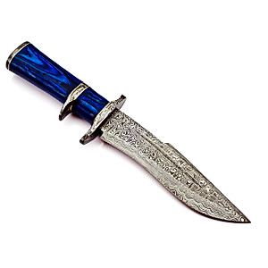 Skokie Knives Custom Damascus Steel Hunting Knife Blue Pakka Wood Handle-Handmade Premium Quality Edge Fixed Blade–Multipurpose–Ideal for Survival Camping Hiking Outdoor Every Day Carry Professional