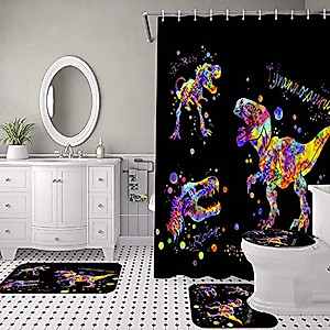 AtGoWac 4 Pcs Dinosaur Bathroom Set Dinosaur Shower Curtain Sets with Rugs, Cool Black Dinosaur Bath Mat, T-Rex Shower Curtain Kids Bathroom Decor Sets