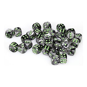 Chessex d6 Sets: Gemini Black & Grey/Gray with Green - 12mm Six Sided Die (36)