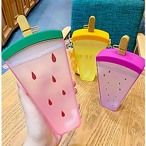 YunQin 320ml Plastic Water Bottles, 4 Colors Cute Watermelon Ice Cream Water Bottle with Straw, Anti-fall Portable Popsicle Shape Water Cup for Girls (pink)