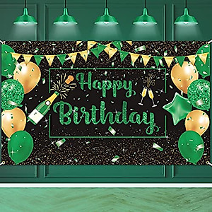 Green Black Gold Birthday Party Decoration Banner, Green Black Happy Birthday Backdrop Banner, Large Green Black Gold Birthday Banner Photo Background Party Decoration for Men Women Boys Girls