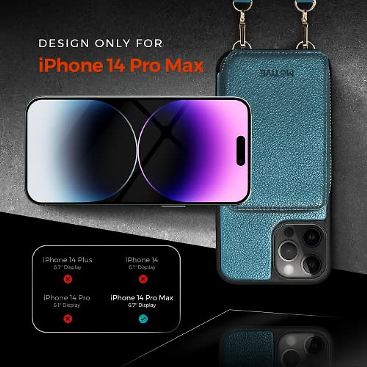MOTIVE for iPhone 14 Pro Max Wallet Case Designed in New York, Crossbody Phone Case for Apple iPhone 14 Zipper Purse Case Wallet with RFID Blocking Card Holder | 6.7" Blue Teal - Fancy Series