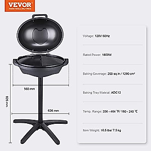 VEVOR Indoor/Outdoor Electric Grill, 1800W 200sq.in Electric BBQ Grill & 2 Zone Grilling Surface, Non-stick Ceramic Coating Plate, Adjustable Temperature, Removable Stand Patio Grill for Party Camping