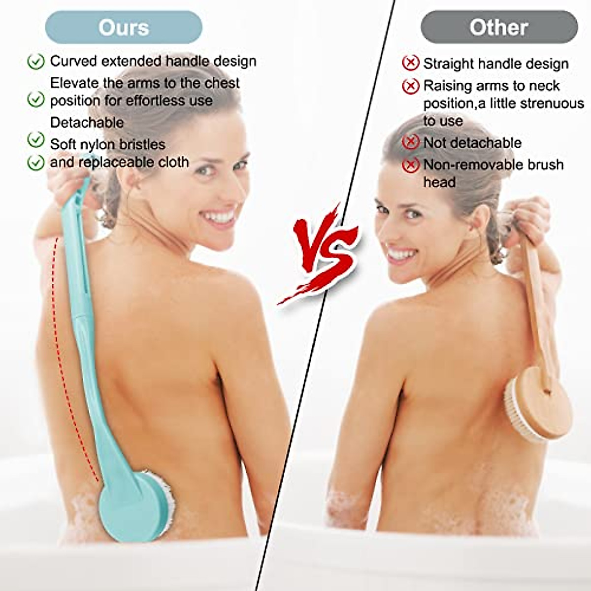 Back Brush Long Handle for Shower, 20.5” Back Bath Brush for Shower, Back Scrubber, Exfoliation and Improved Skin Health for Elderly with Limited Arm Movement, Disabled, Pregnant Women