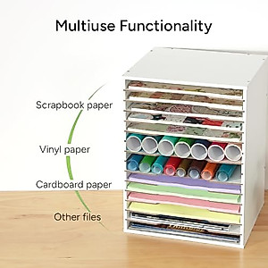 Caydo 15 Slot Paper Organizer Storage, Wood Adjustable Shelves Paper Storage Shelf with Extraction Slot for 12x12Inch Scrapbooks, Heat Transfer Papers, Files, Vinyl fo Office, Home (White)