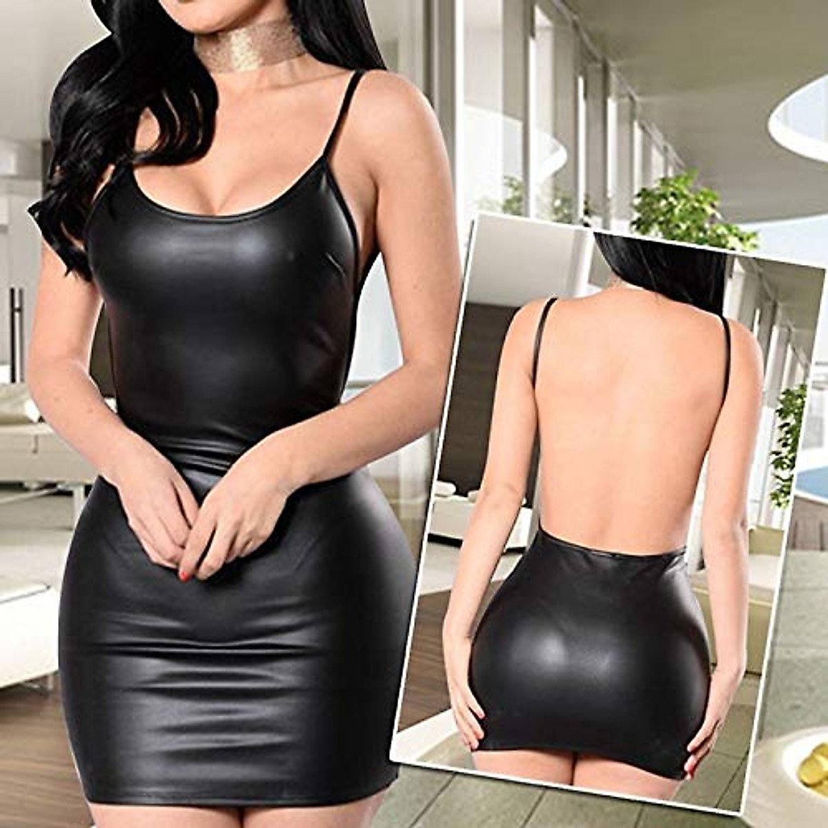 Women Latex Dress Sleeveless V-Neck Summer Clubwear Outfits Party Black Backless Leather Dresses Cosplay Fancy Lingerie Dress Forwomen(Black,XL)