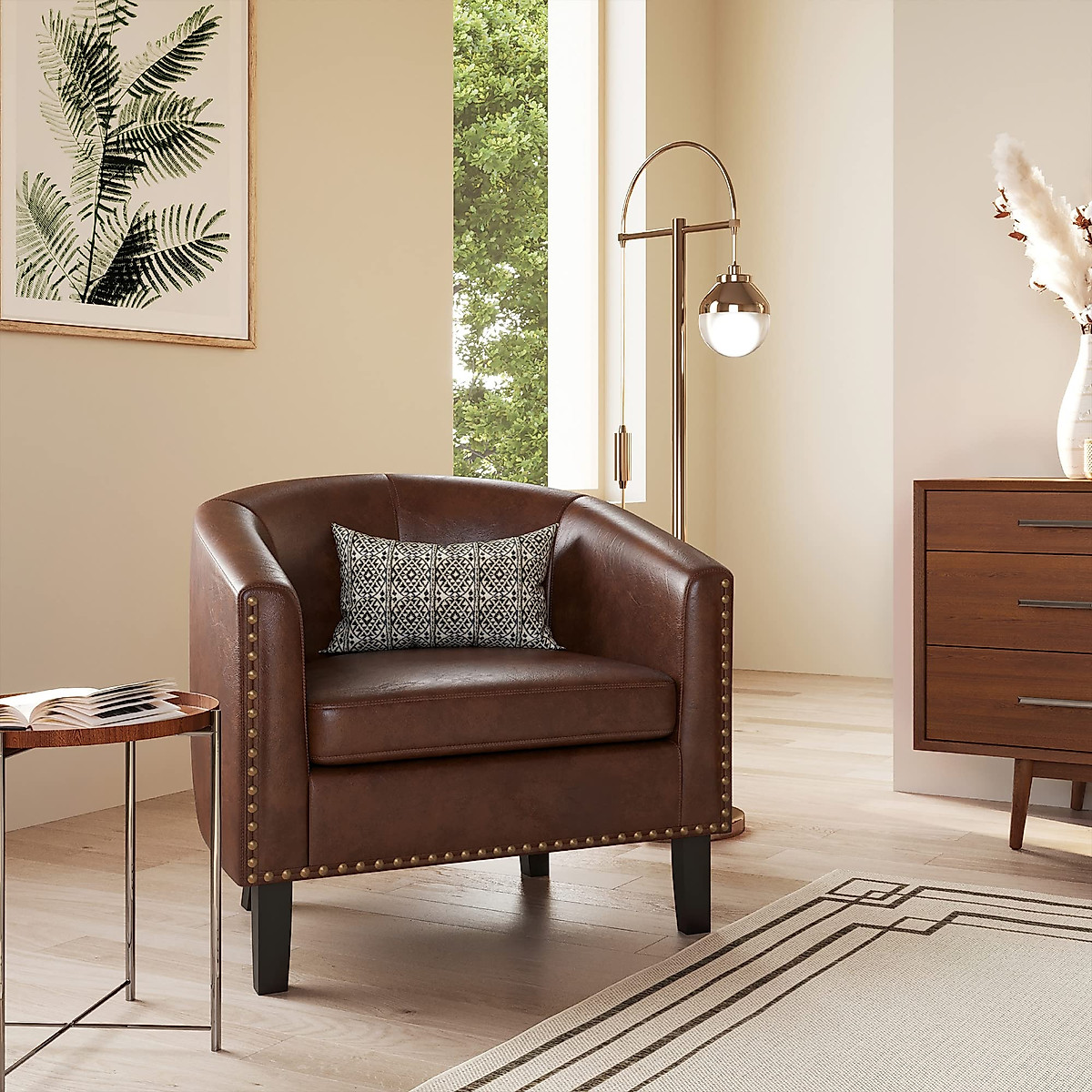 BELLEZE Accent Barrel Chair, Modern Tub Club Chair Upholstered Armchair for Living Room, Faux Leather Chair with Gold Nail Head Trim Black Legs - Kyara (Brown)