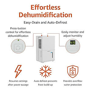 Amazon Basics Large Dehumidifier for Basements, Bathroom, up to 4000 SFT, 50 Pint, Energy Star Certified, Timer, Auto-Defrost, Overflow Protection, White