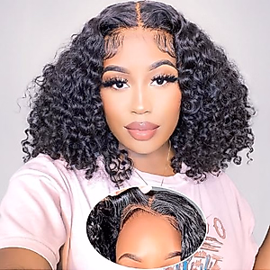 Xinjiju Ready to Go Glueless Wig Short Curly Bob Wigs for Black Women Glueless Human Hair 6x4 Glueless Bob Wig Pre Plucked Pre Cut Natural Hairline Water Wave Lace Front Wigs 200% Density 12 Inch