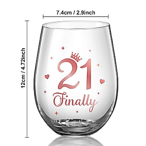 Stemless Wine Glass Rose Gold Birthday Wine Glass Present Anniversary Glasses for Man Women Birthday Party Wedding Anniversary Decorations, 17 oz (21 and Fabulous)