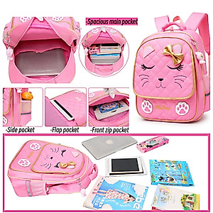Girls Rolling Backpack Trolley School Bags Cat Face Print Travel Wheeled Carry-on Kids' Luggage